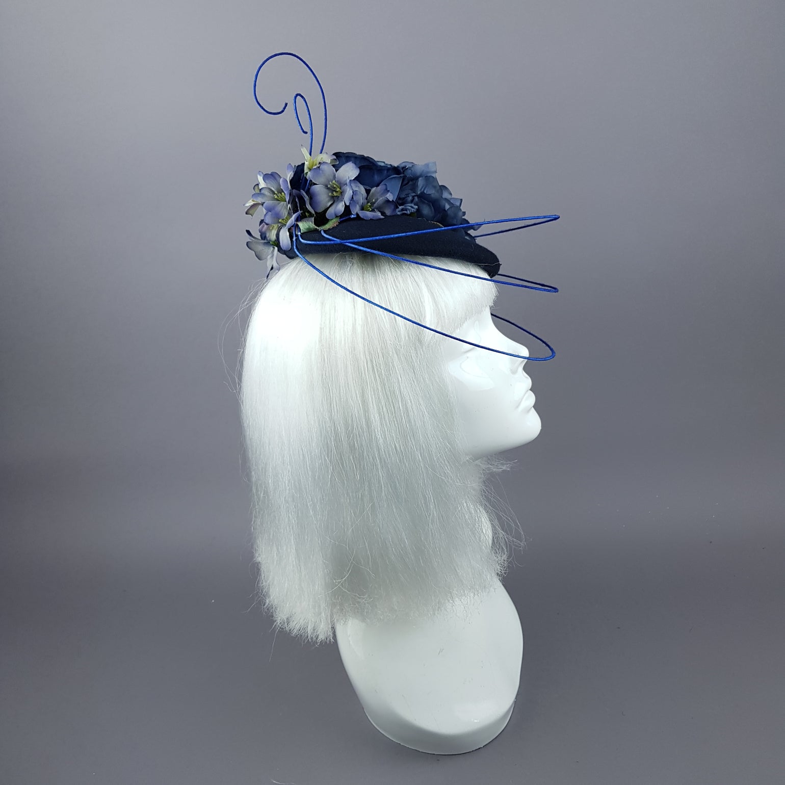 "Radella" Blue Flower & Wired Veil Fascinator Hat – Pearls & Swine