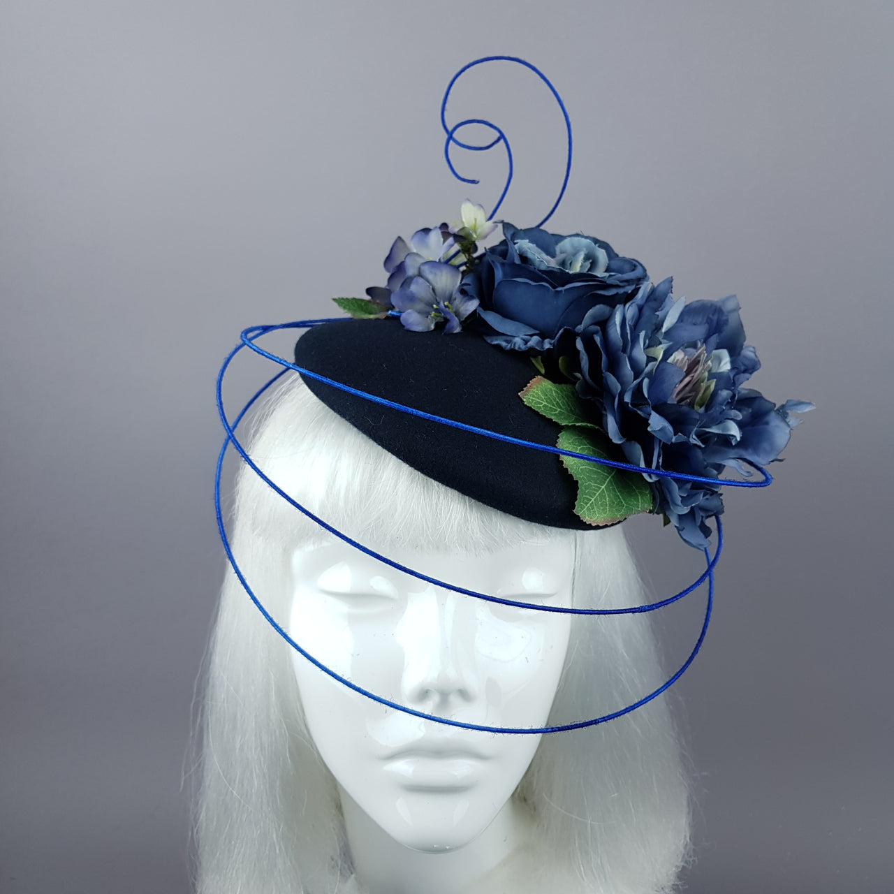 "Radella" Blue Flower & Wired Veil Fascinator Hat – Pearls & Swine