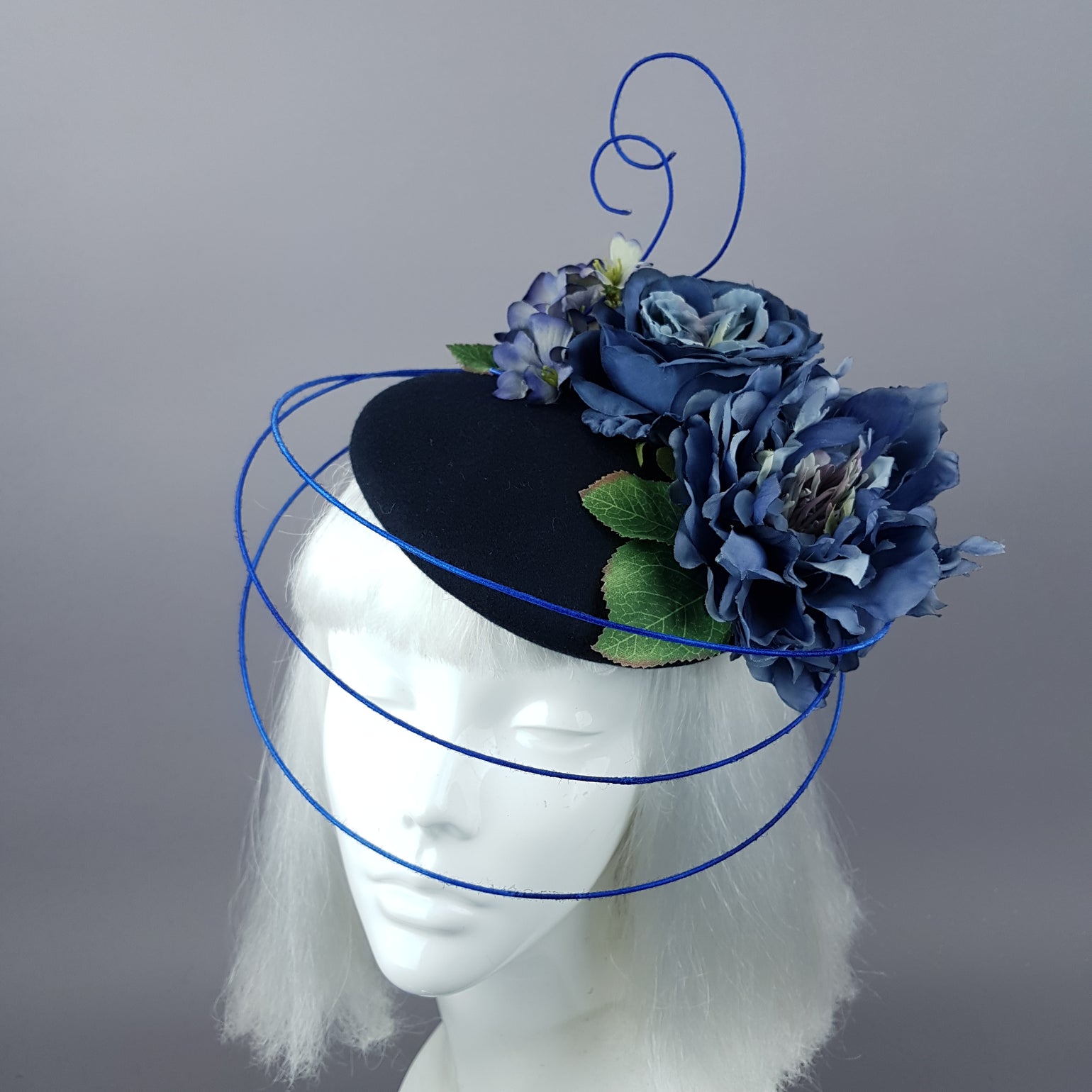 "Radella" Blue Flower & Wired Veil Fascinator Hat – Pearls & Swine