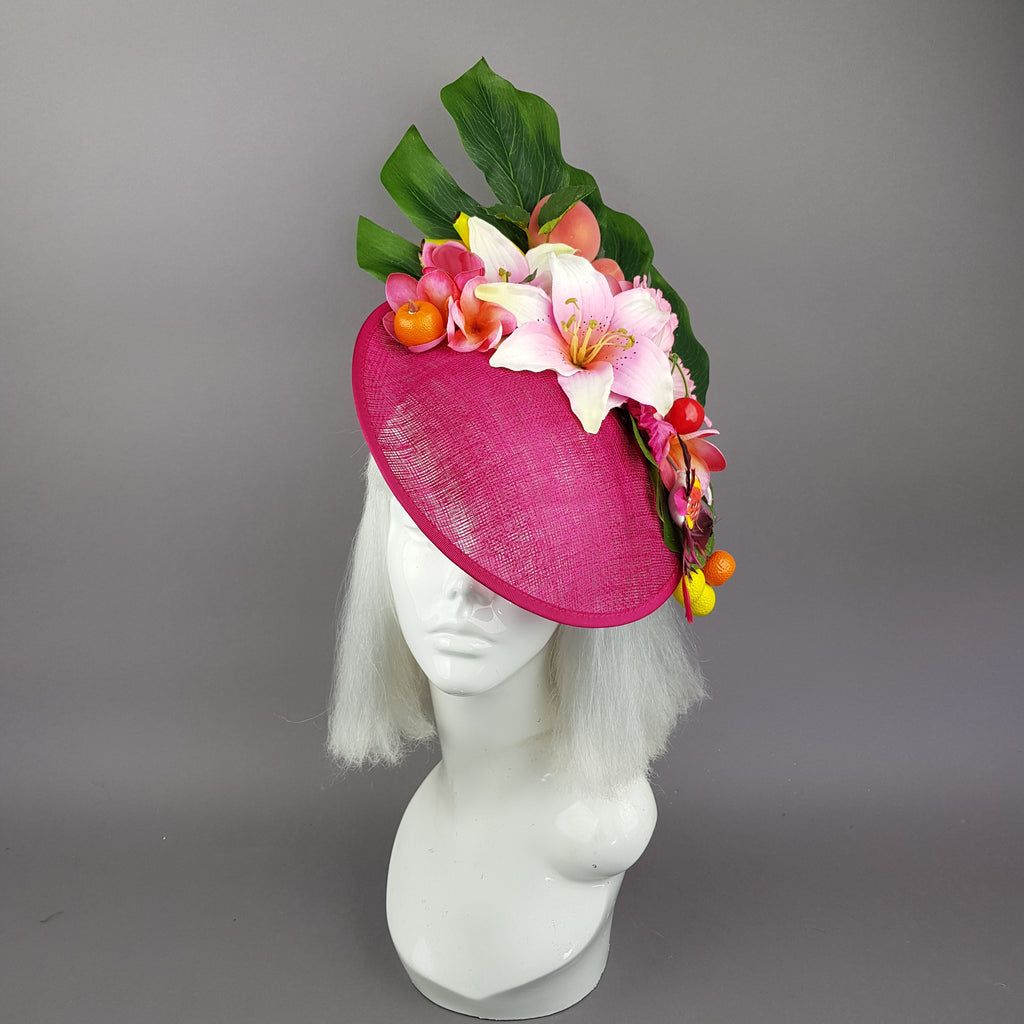 "Dulcina" Fuchsia Pink Flower & Fruit Ascot Wedding Hat – Pearls & Swine