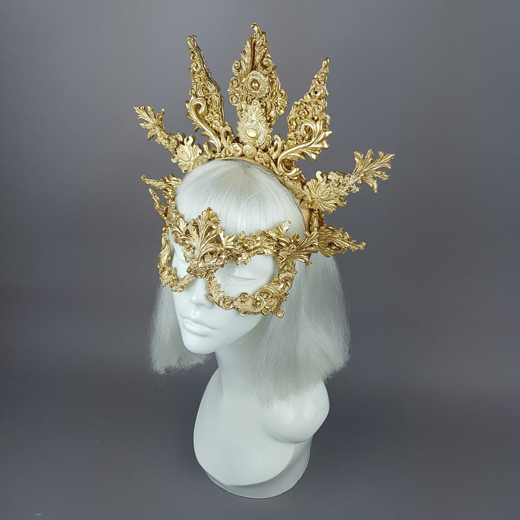 "Apollo" Gold Filigree Halo Headpiece & Mask – Pearls & Swine