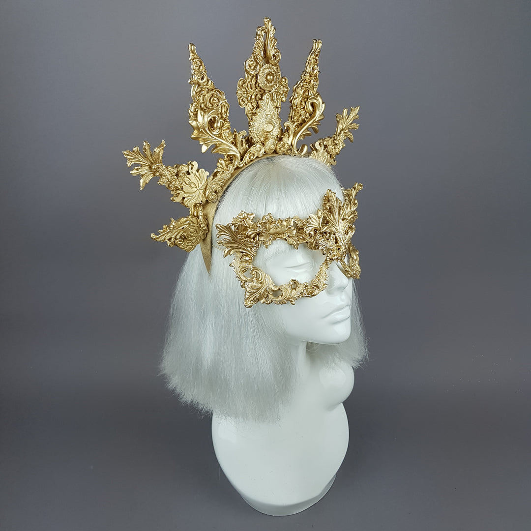 "Apollo" Gold Filigree Halo Headpiece & Mask – Pearls & Swine