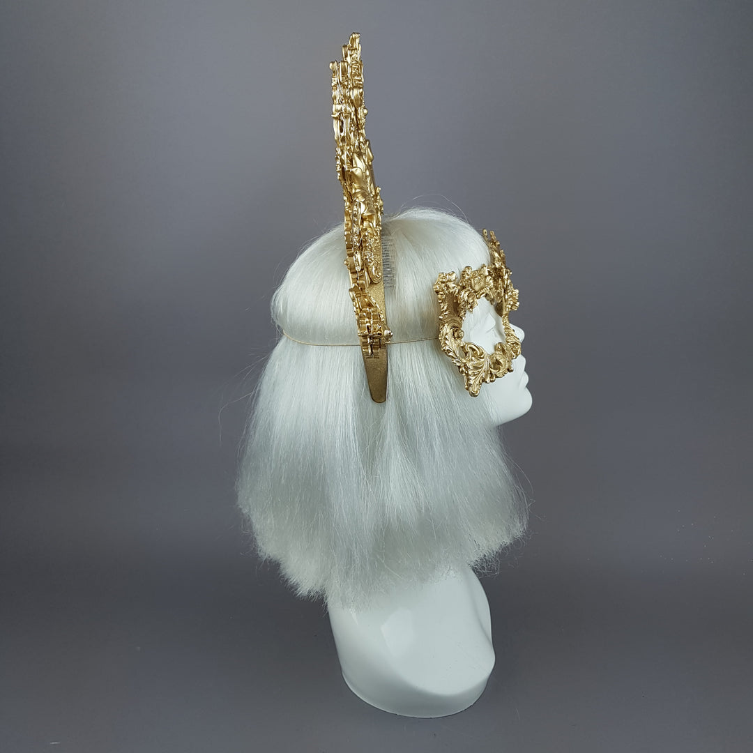 "Apollo" Gold Filigree Halo Headpiece & Mask – Pearls & Swine