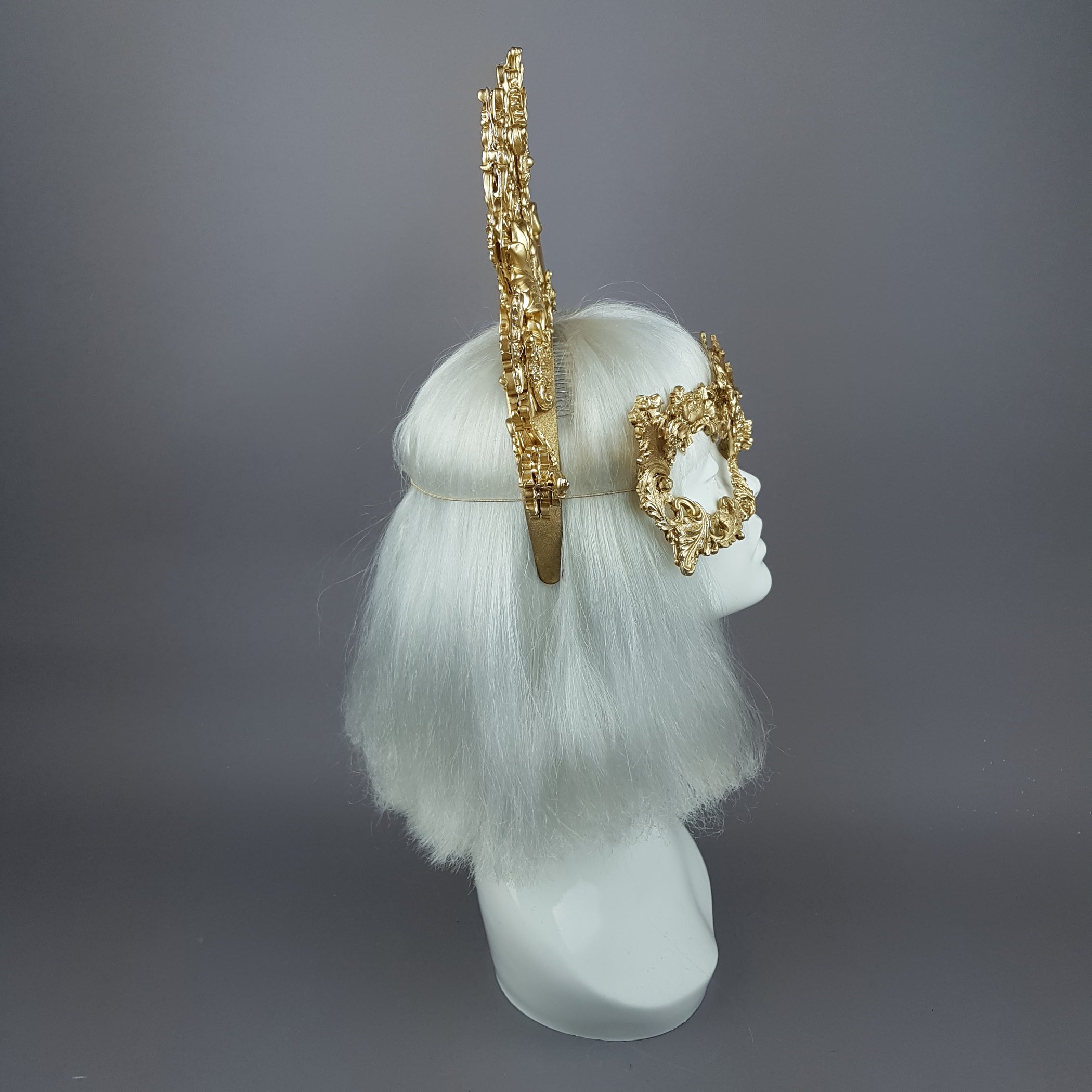 "Apollo" Gold Filigree Halo Headpiece & Mask – Pearls & Swine