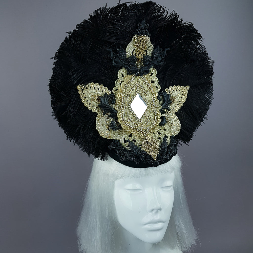 "Lujo" Black & Gold Feather & Filigree Headdress – Pearls & Swine