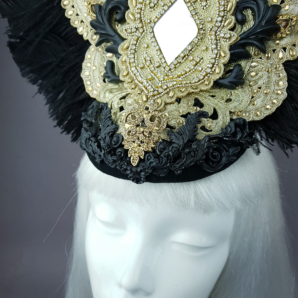 "Lujo" Black & Gold Feather & Filigree Headdress – Pearls & Swine