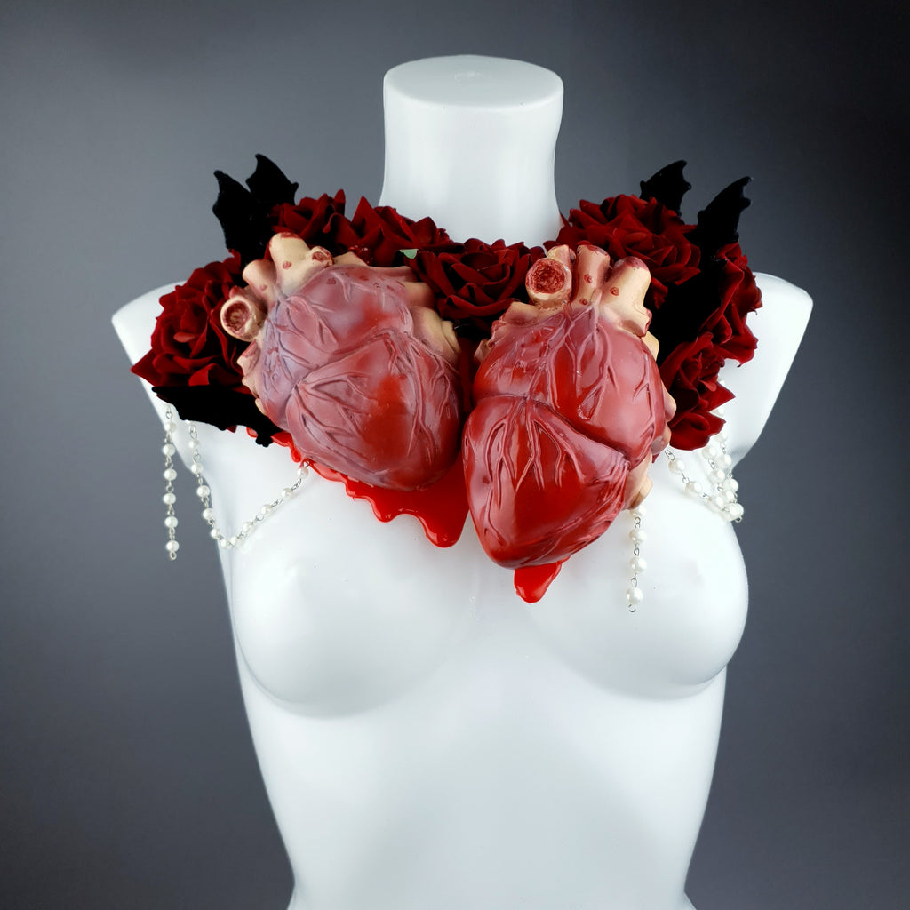 "2 Hearts Beat As 1" Red Rose, Anatomical Heart & Bat Wing Neckpiece ...