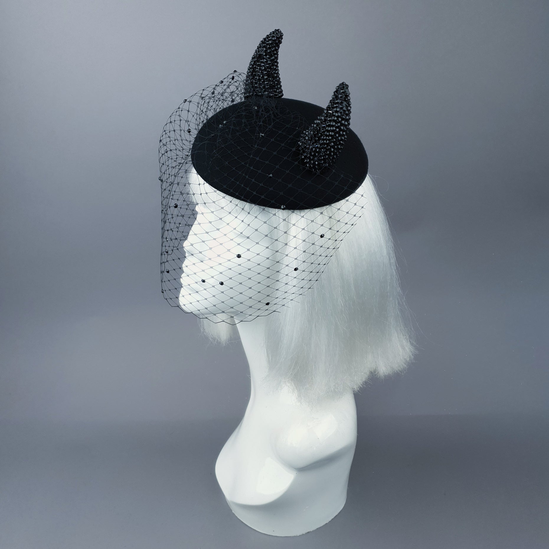 "The Devil Is A Woman" Black Crystal Horns Veil Fascinator Hat – Pearls ...