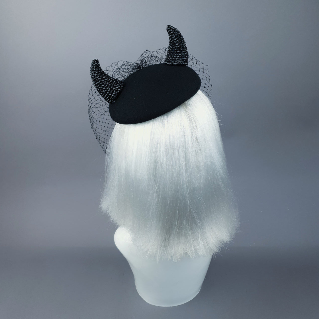"The Devil Is A Woman" Black Crystal Horns Veil Fascinator Hat – Pearls ...