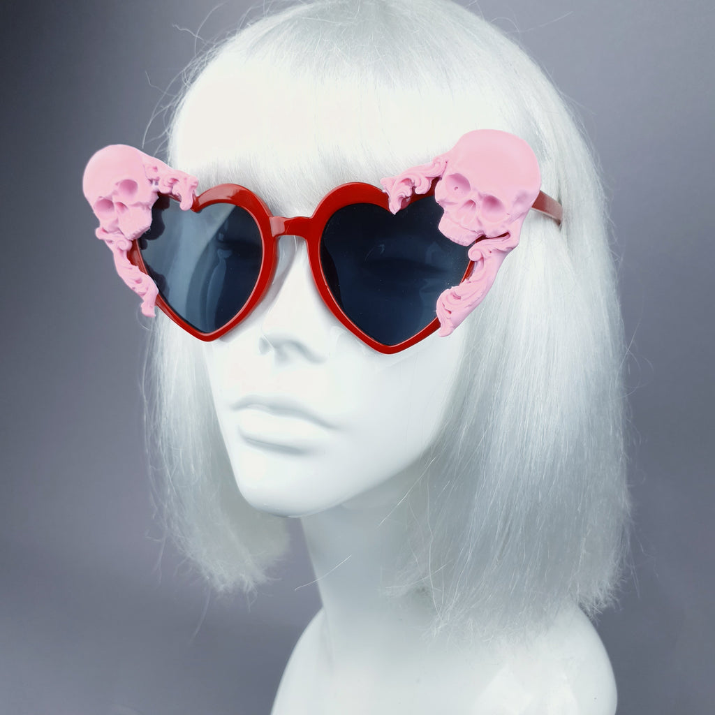 "Doom" Pink Skull Red Heart Shaped Sunglasses – Pearls & Swine