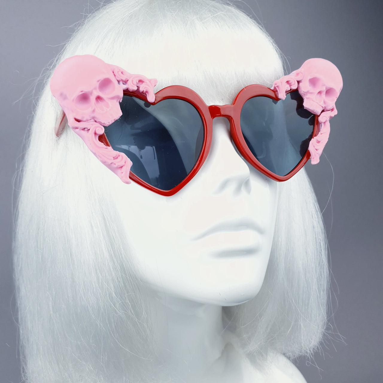 "Doom" Pink Skull Red Heart Shaped Sunglasses – Pearls & Swine