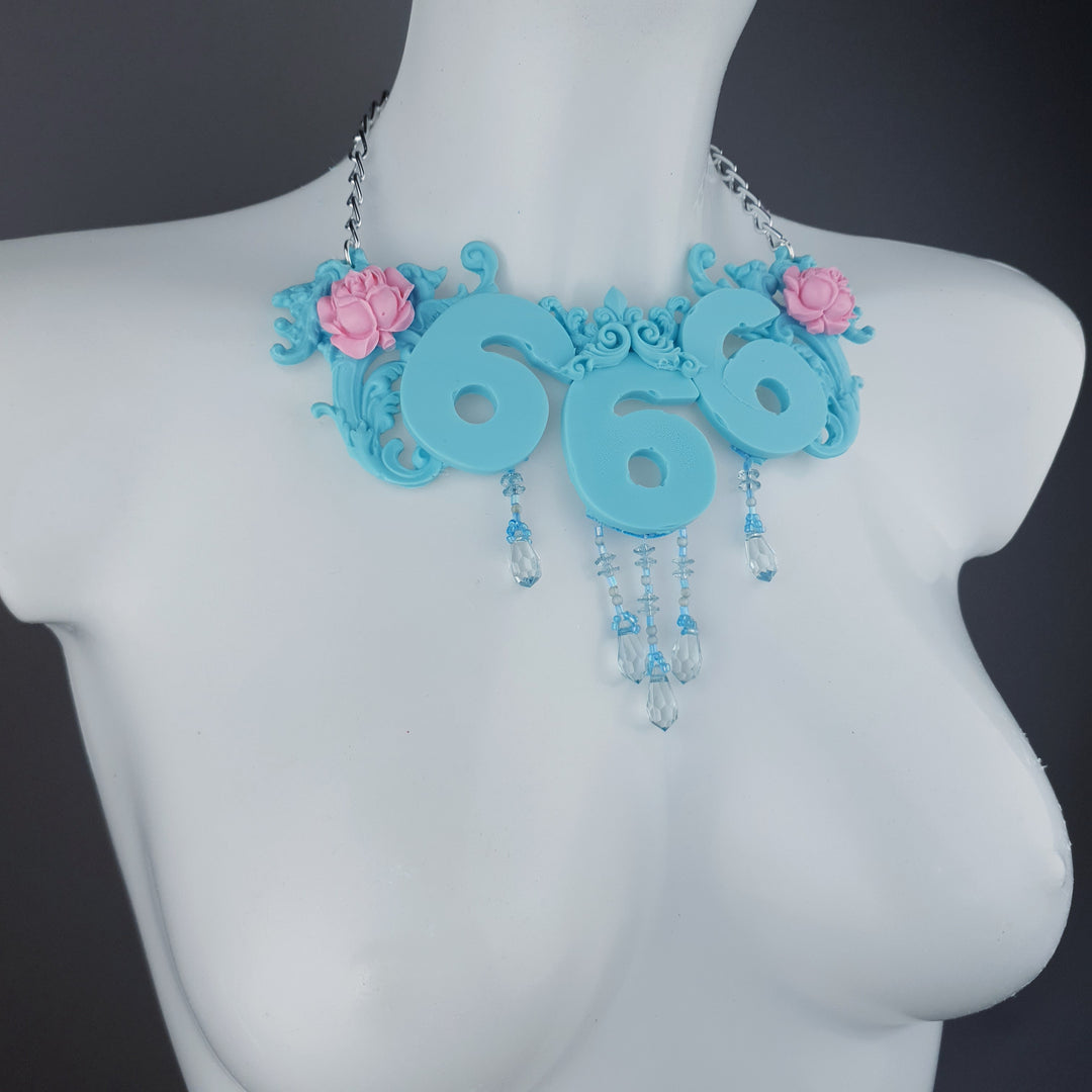 "Omen" Pastel Blue & Pink 666 Filigree & Beading Neckpiece – Pearls & Swine