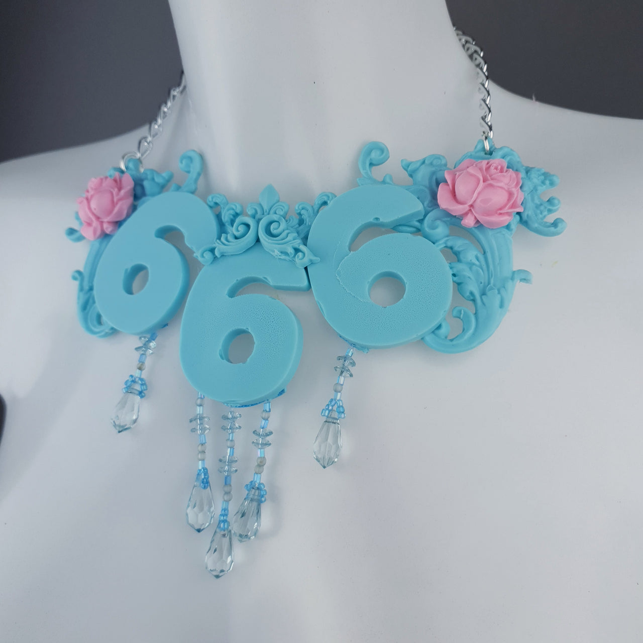 "Omen" Pastel Blue & Pink 666 Filigree & Beading Neckpiece – Pearls & Swine