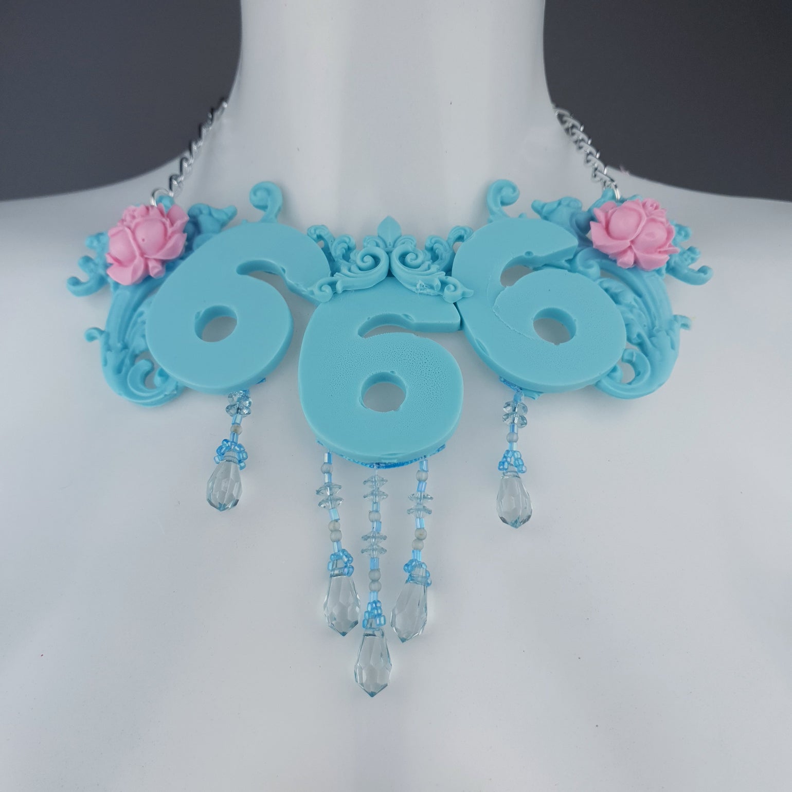 "Omen" Pastel Blue & Pink 666 Filigree & Beading Neckpiece – Pearls & Swine