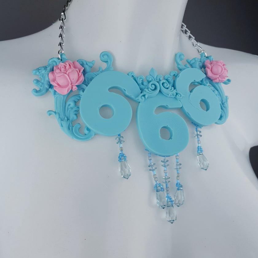 "Omen" Pastel Blue & Pink 666 Filigree & Beading Neckpiece – Pearls & Swine