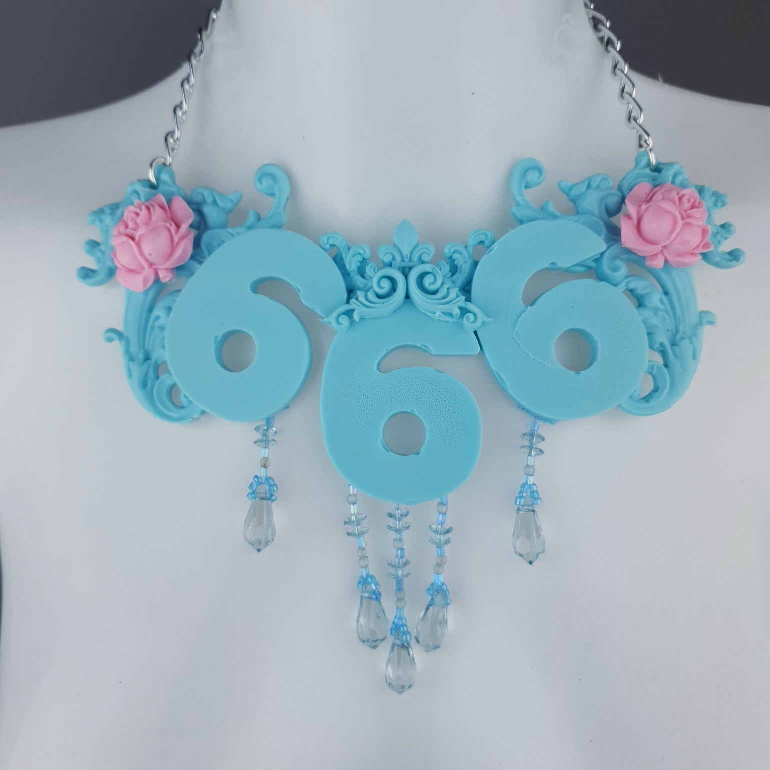 "Omen" Pastel Blue & Pink 666 Filigree & Beading Neckpiece – Pearls & Swine