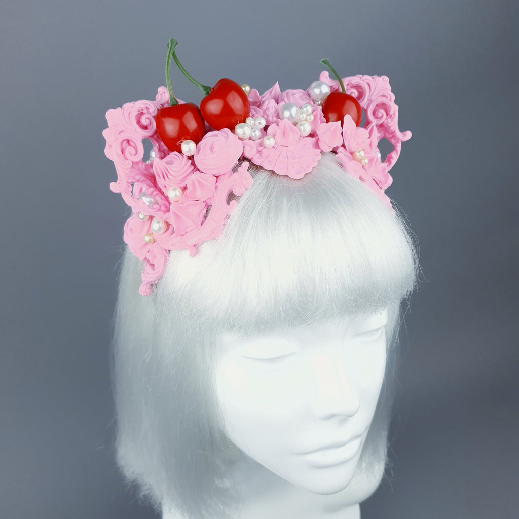 "Manĝi" Pink Filigree & Cherry Cat Ear Headpiece – Pearls & Swine