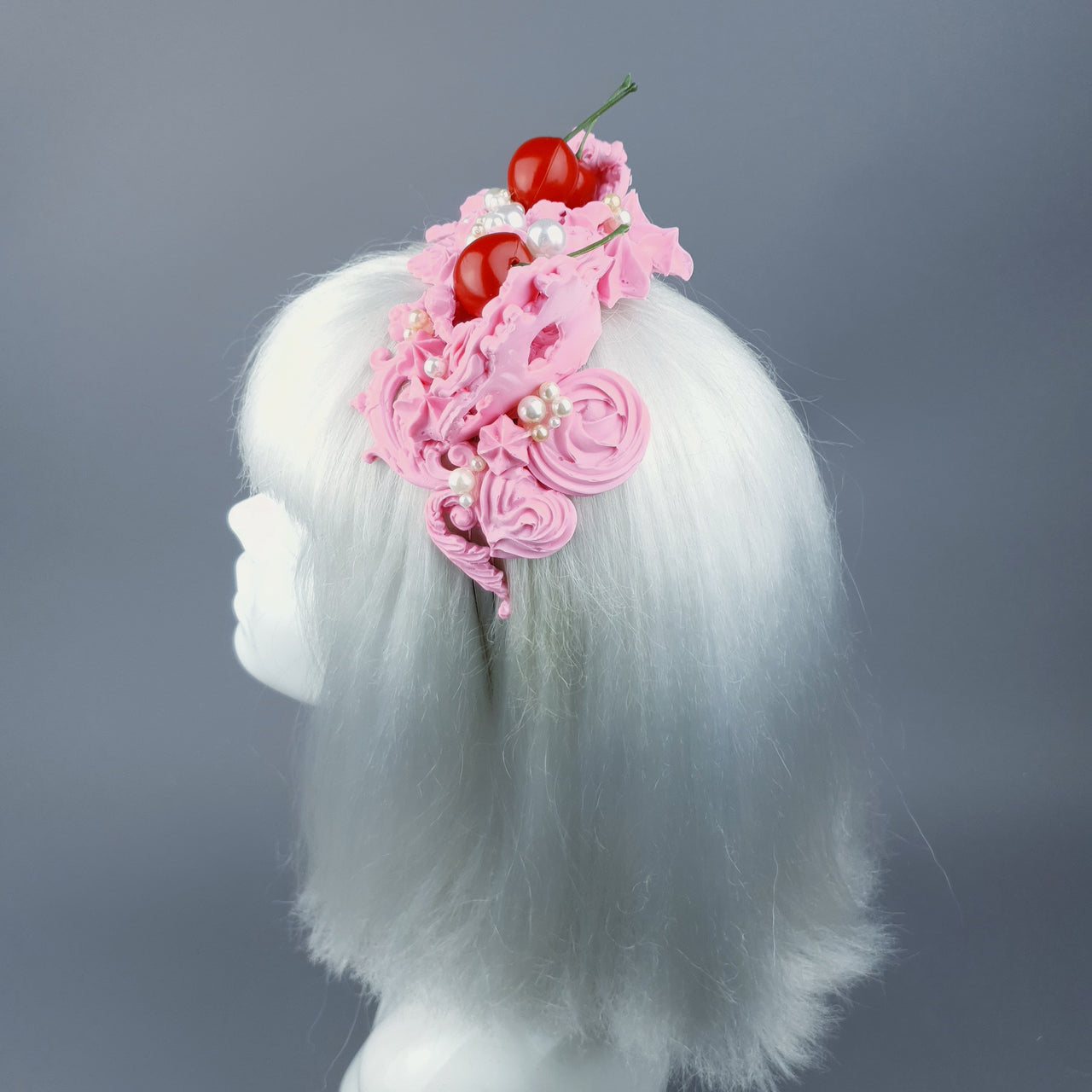 "Manĝi" Pink Filigree & Cherry Cat Ear Headpiece – Pearls & Swine