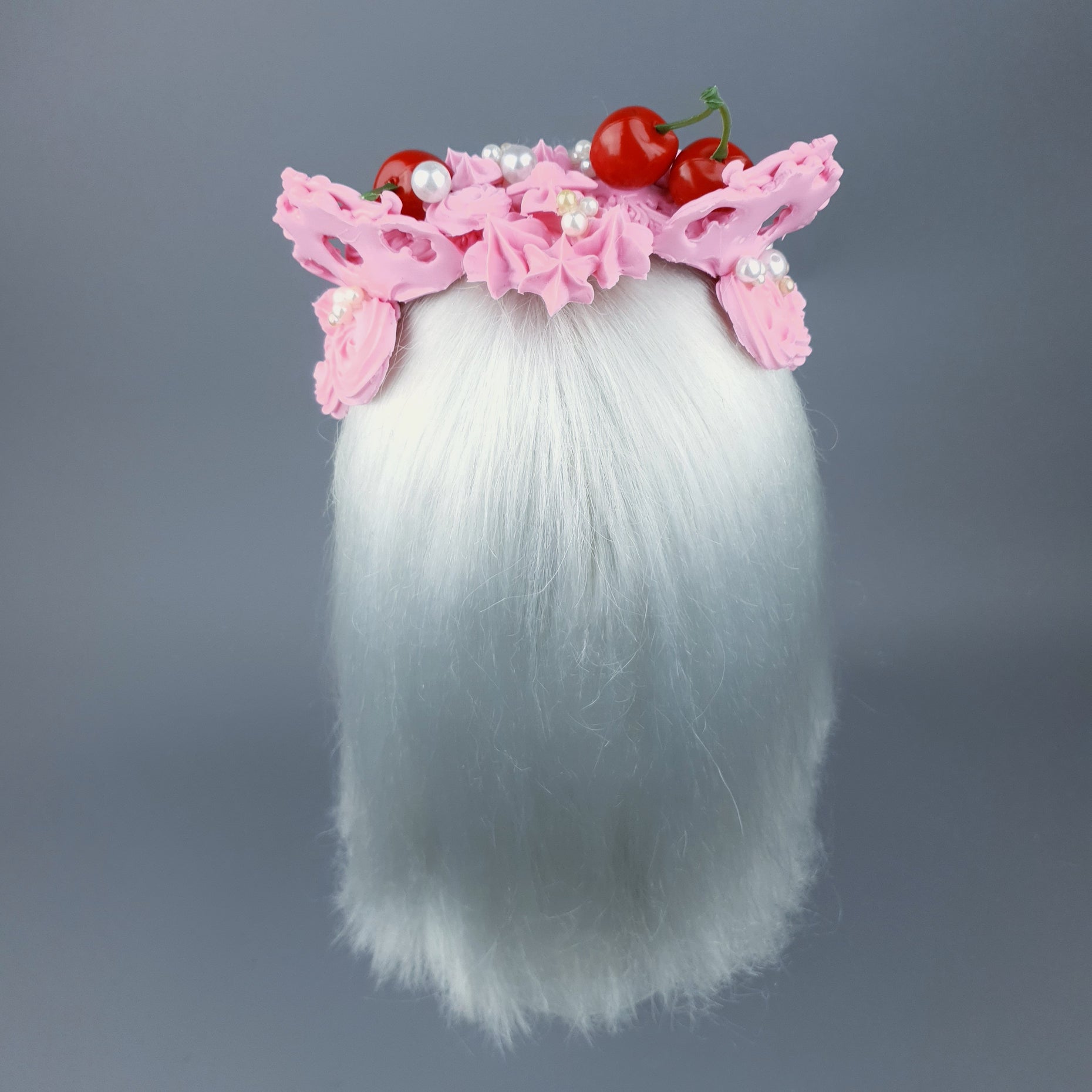 "Manĝi" Pink Filigree & Cherry Cat Ear Headpiece – Pearls & Swine