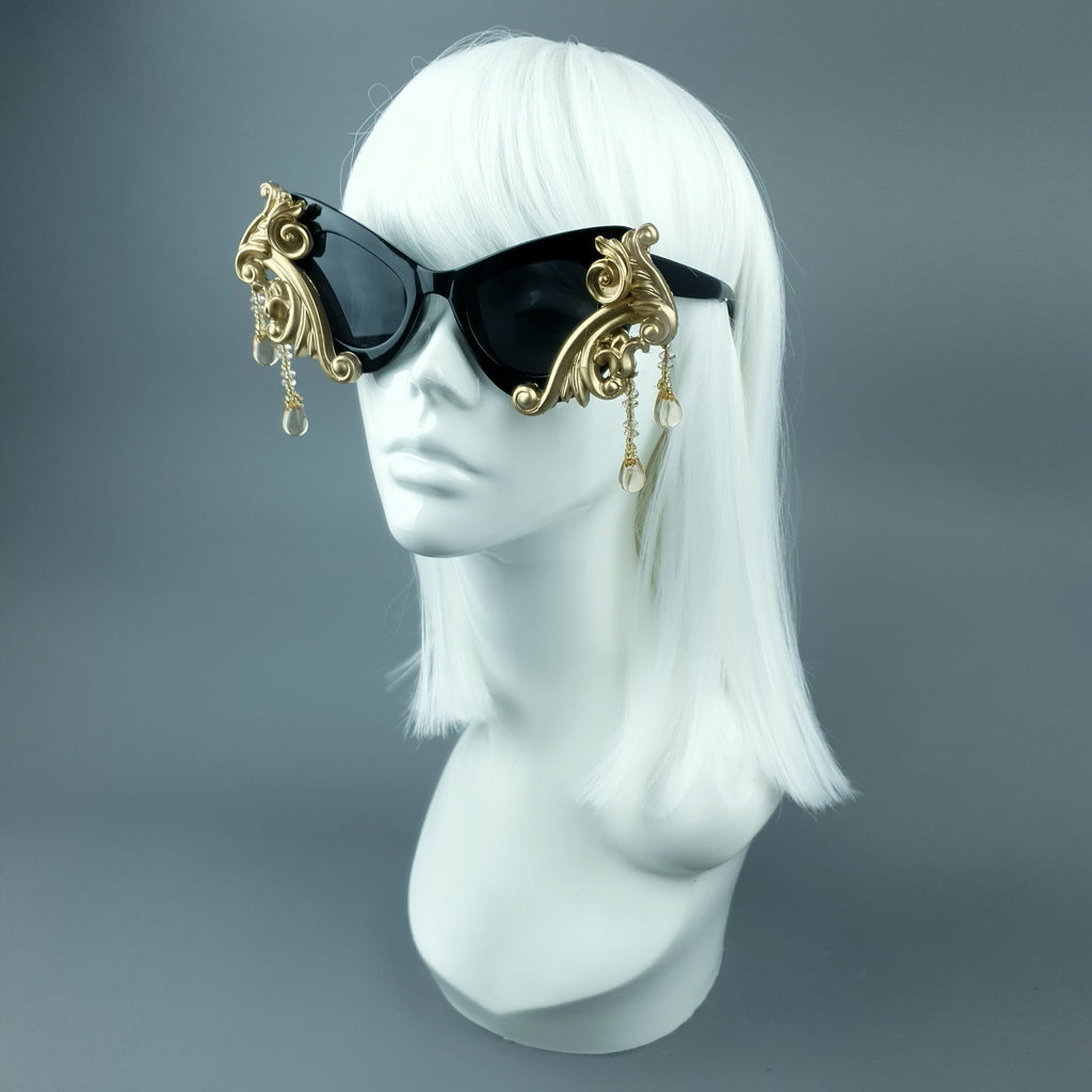 "Cersei" Black & Gold Filigree Beading Sunglasses – Pearls & Swine