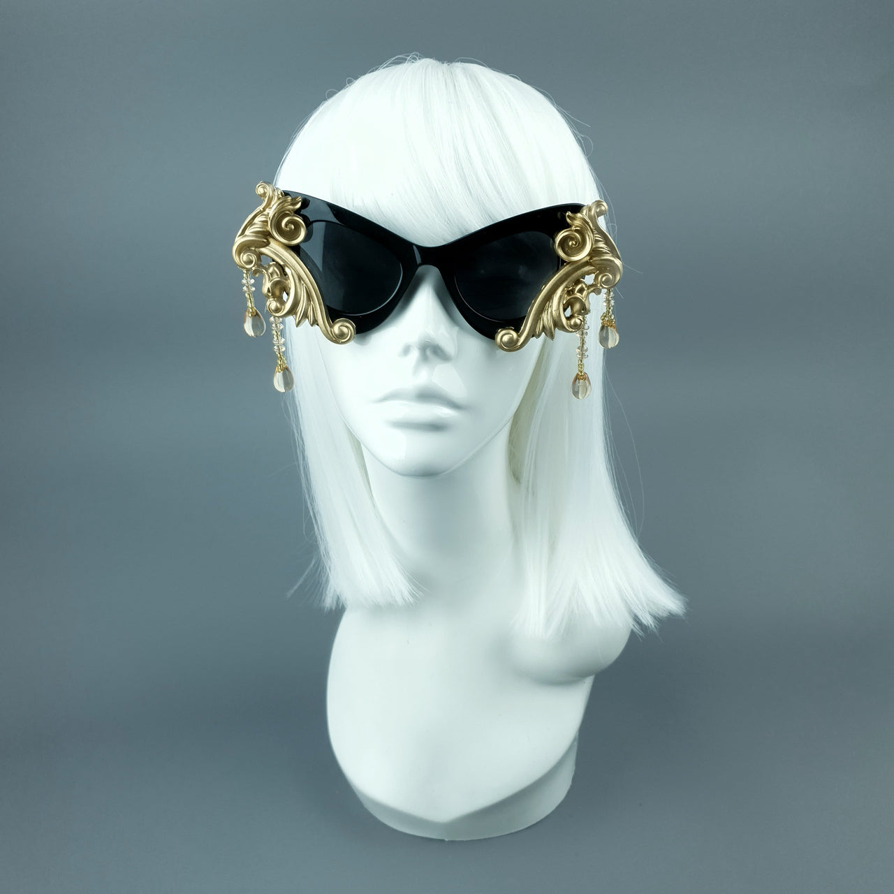 "Cersei" Black & Gold Filigree Beading Sunglasses – Pearls & Swine