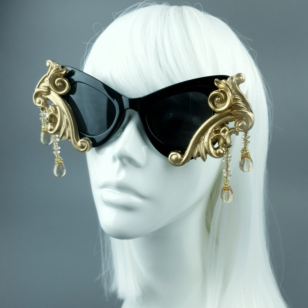 "Cersei" Black & Gold Filigree Beading Sunglasses – Pearls & Swine