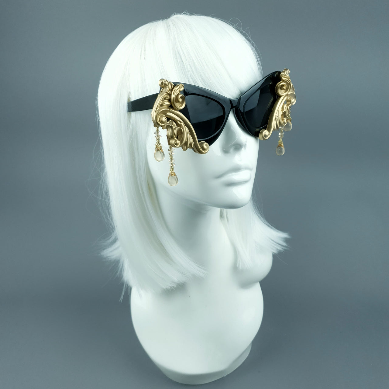 "Cersei" Black & Gold Filigree Beading Sunglasses – Pearls & Swine