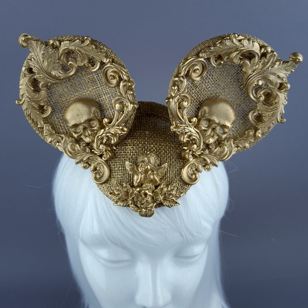 "Ninkilim" Gold Filigree & Skull Ear Mini Fascinator – Pearls & Swine