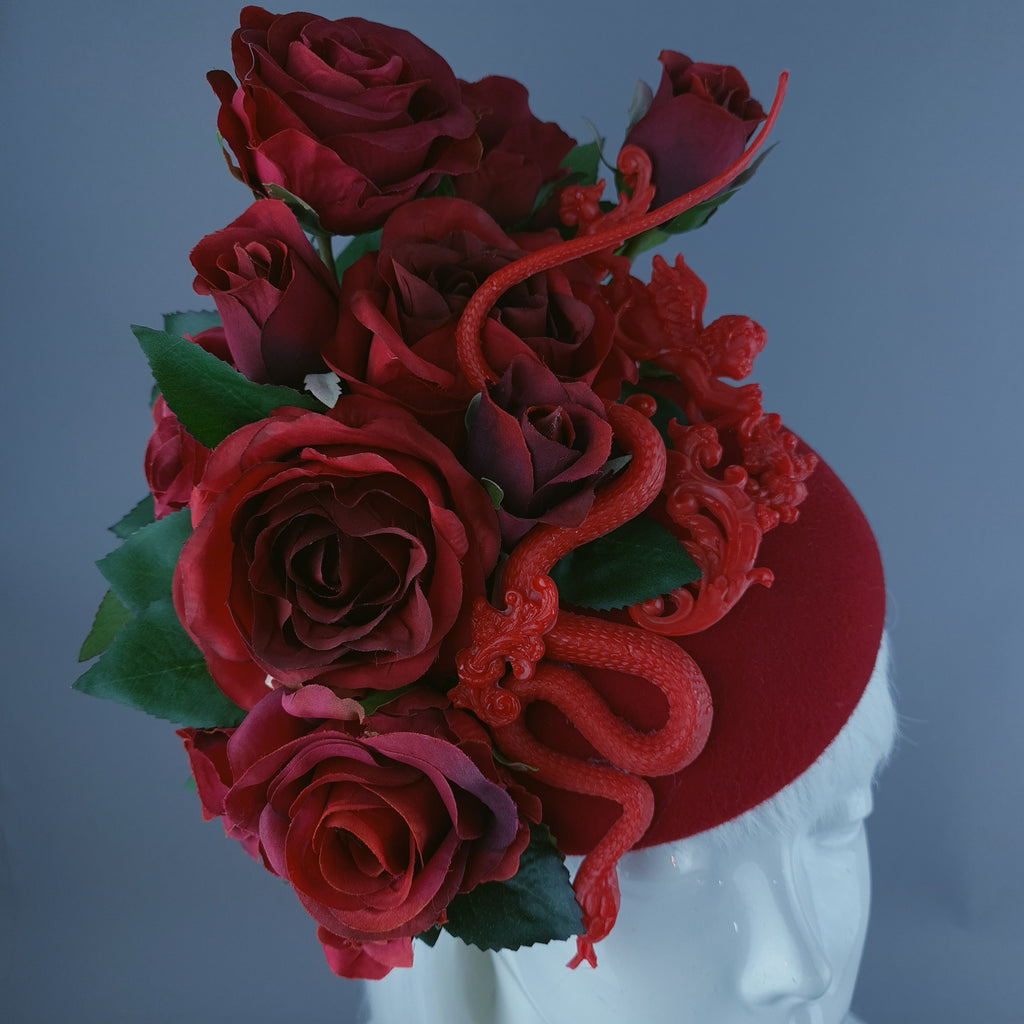 "Rhodanthe" Red Rose, Snake & Filigree Fascinator Hat – Pearls & Swine