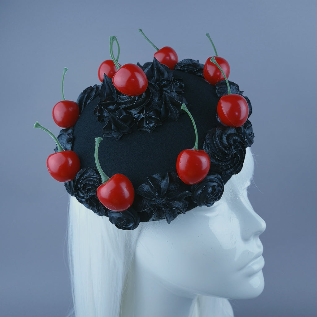 "Réglisse" Black Kitsch Goth Cherry Cake Food Fascinator Hat – Pearls ...