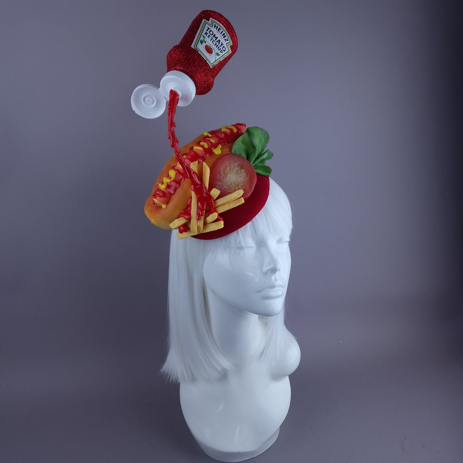 Summer Daze" Hotdog Tomato Sauce Fast Food Fascinator Hat – Pearls & Swine